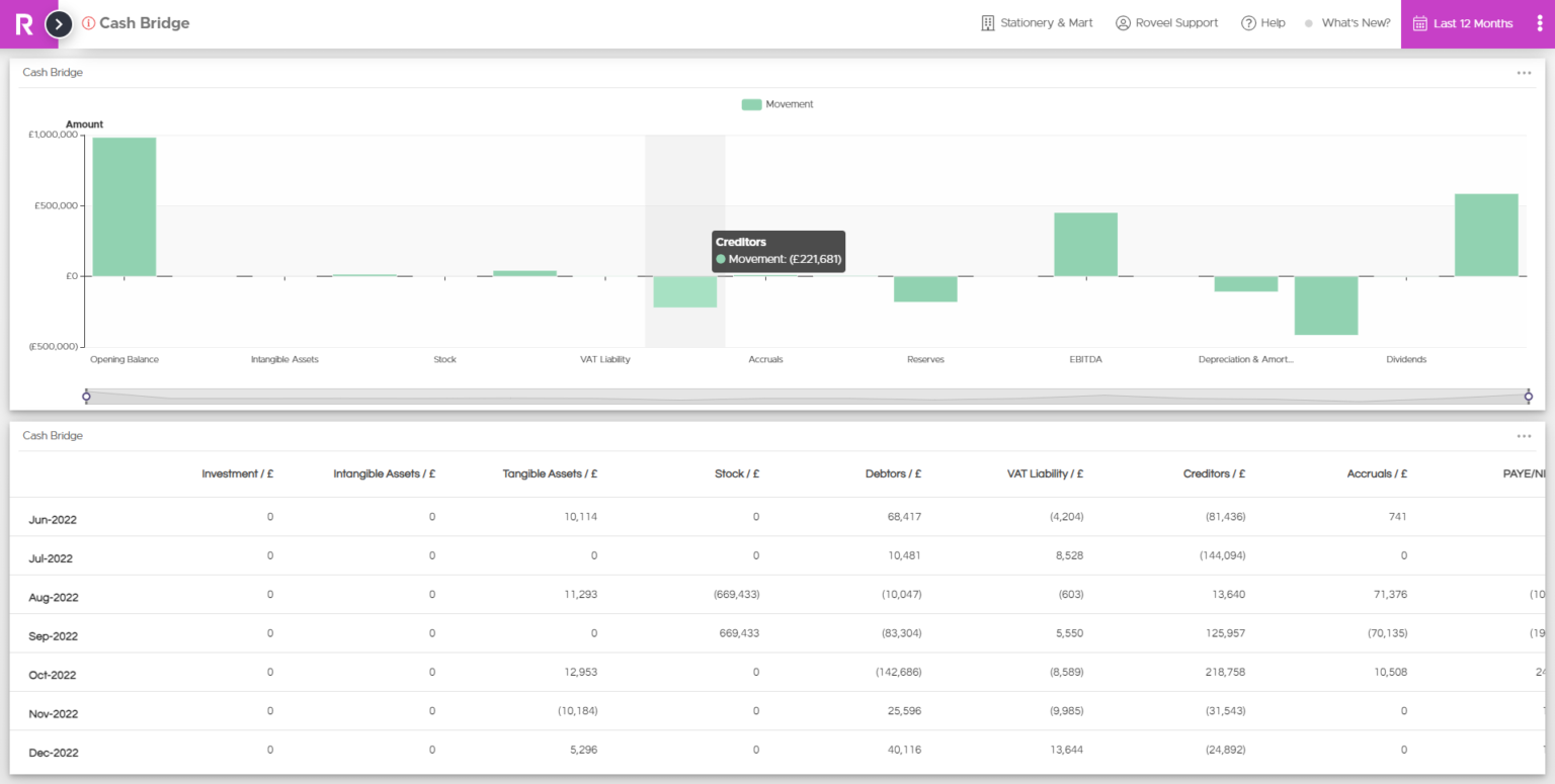 Cash Bridge & Rolling LTM P&L Dashboards - Roveel Spotlight